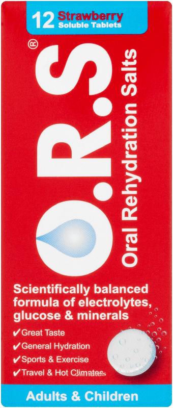 O.R.S. oral rehydration salt tablets strawberry 12